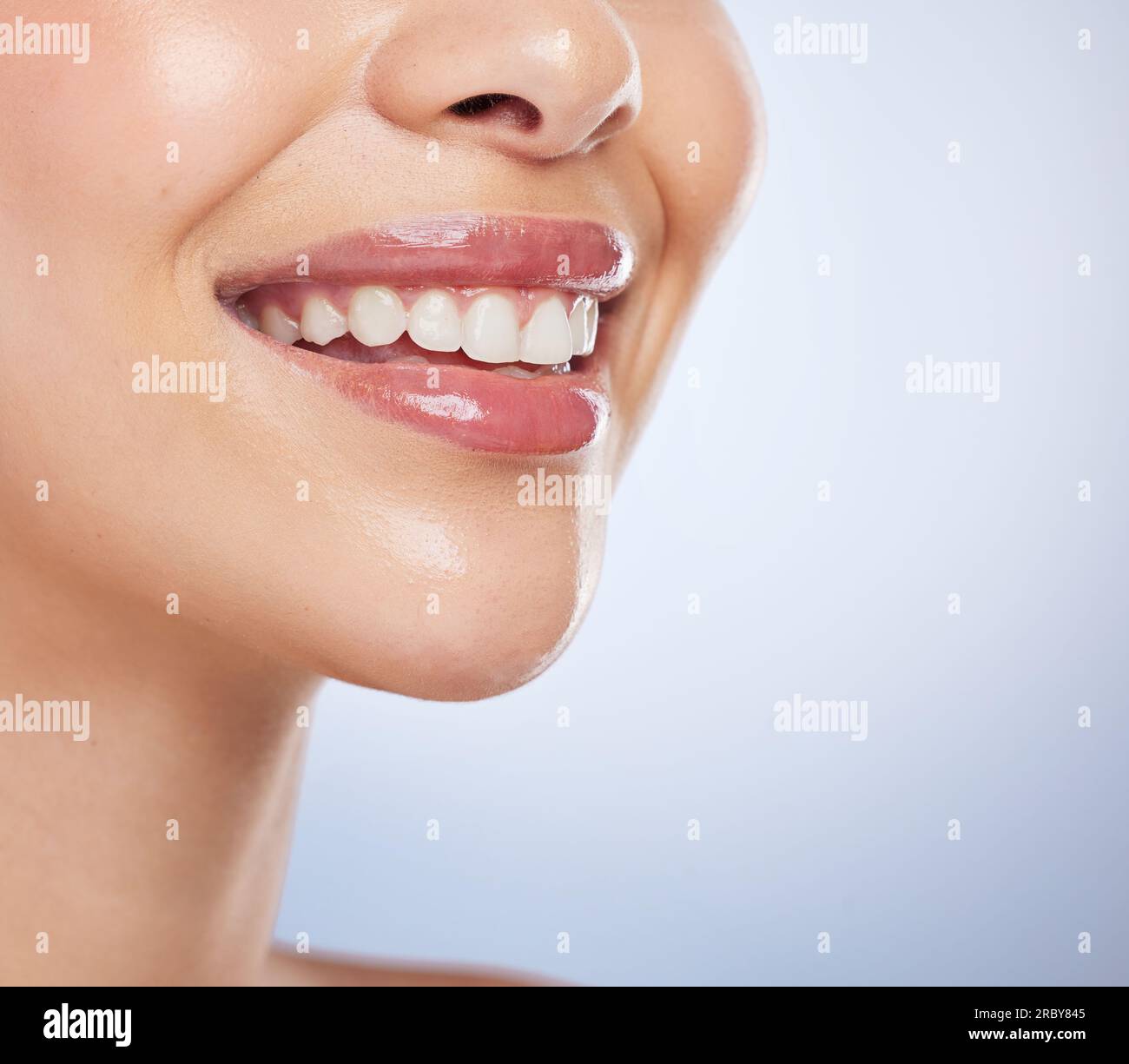Dental, mouth and woman half in studio with smile for beauty, cosmetics ...