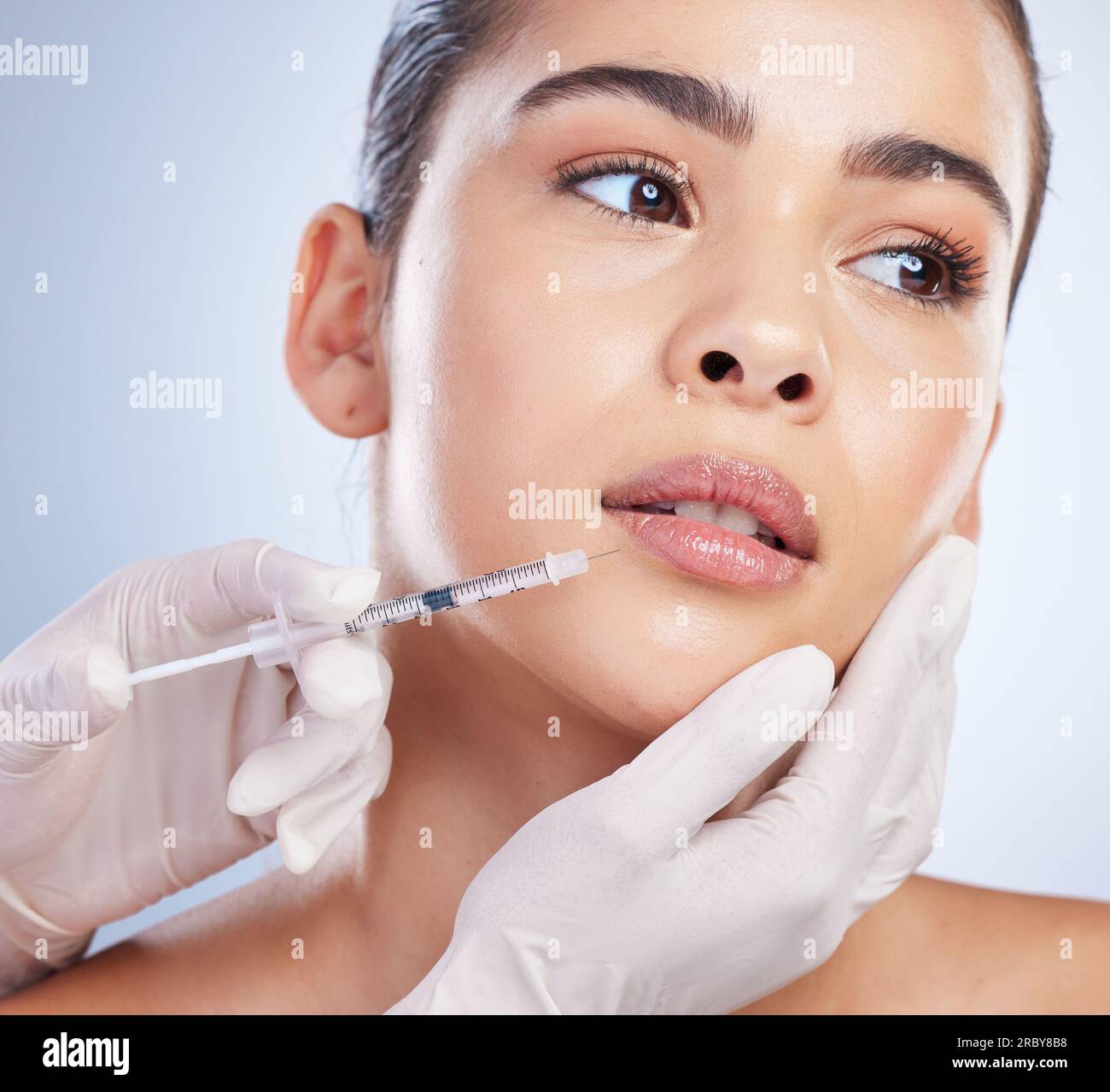 Syringe, woman and plastic surgery with skincare, collagen and beauty ...