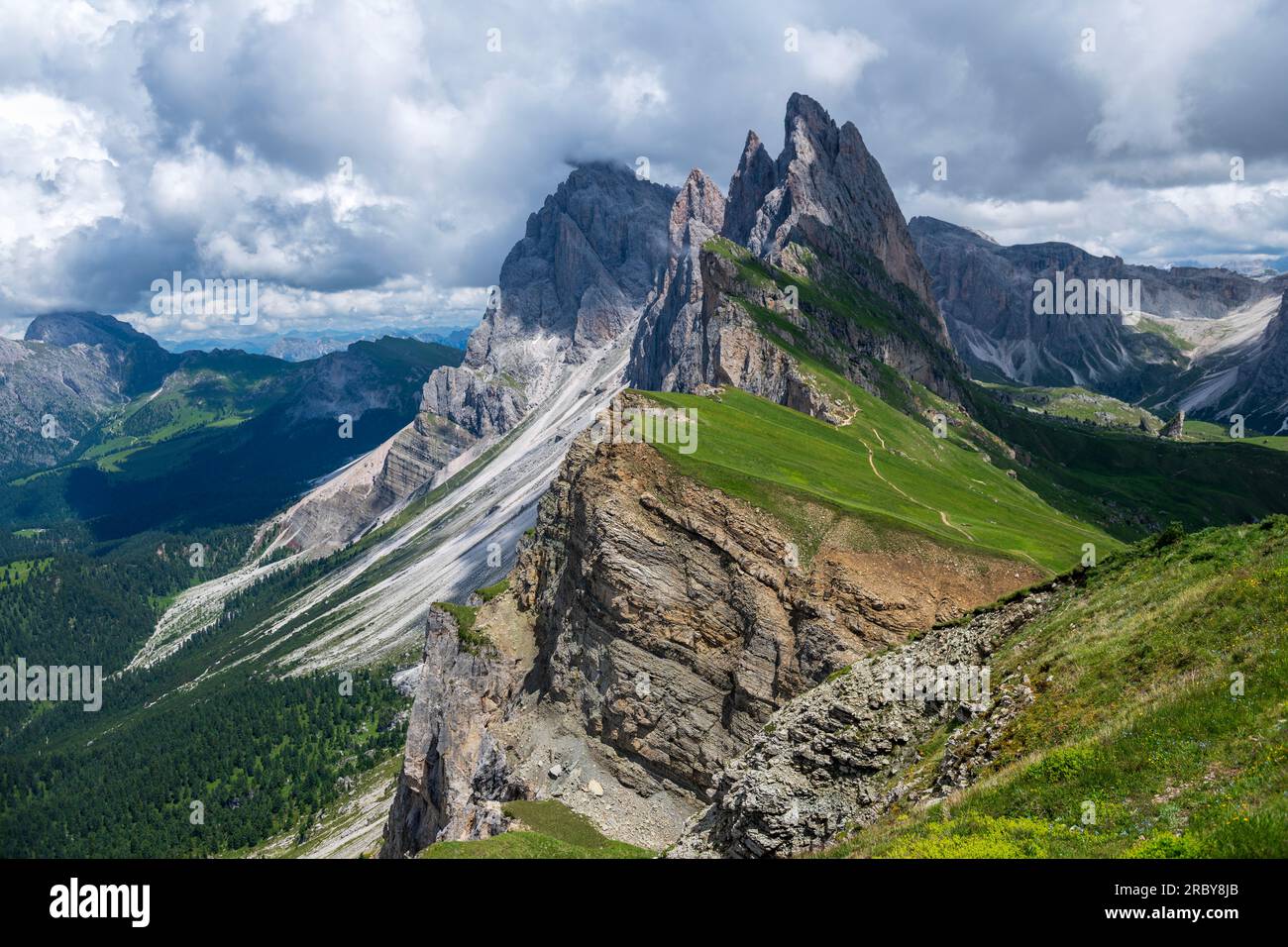 Landscape of Seceda peak in Dolomites Alps, Odle mountain range, South ...