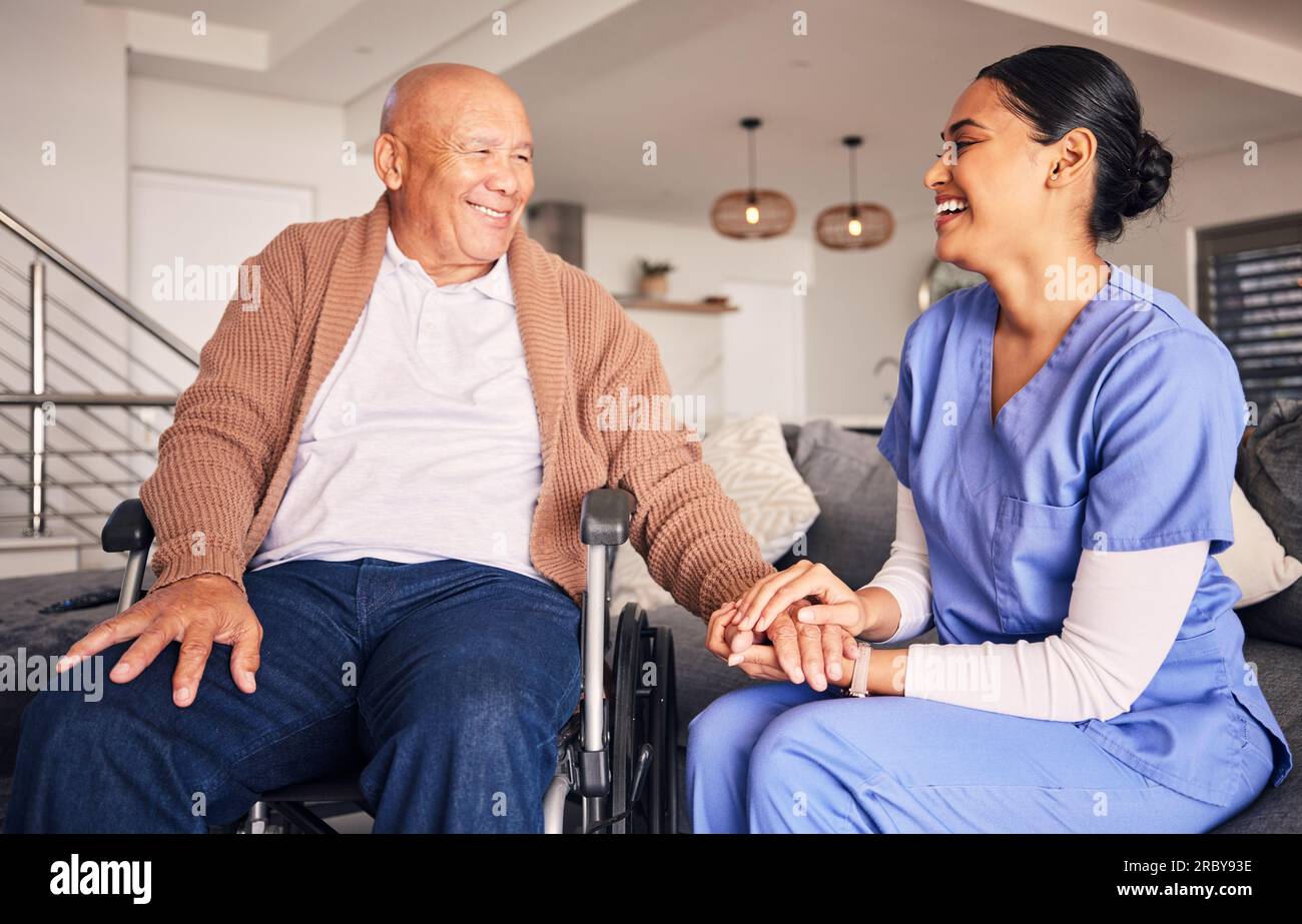 Happy nurse helping man in wheelchair with medical trust, therapy and ...