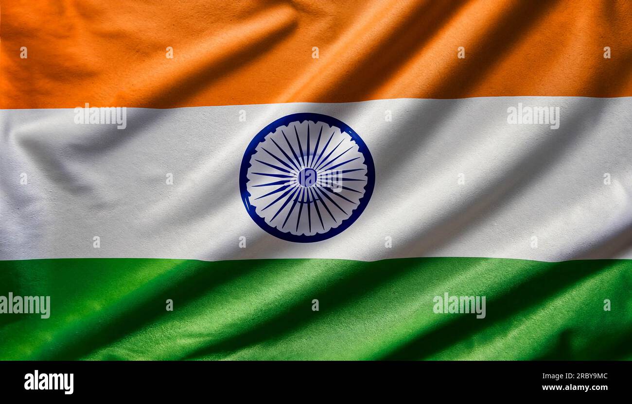 Close up realistic texture fabric textile silk satin flag of India ...
