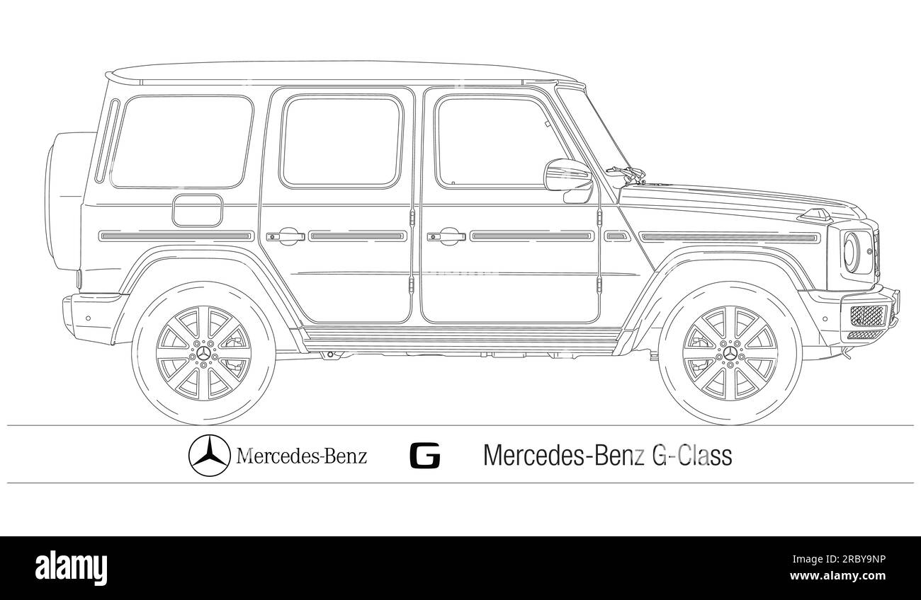 Germany Year 2012 Mercedes G Class Off Road Car Silhouette Outlined Vintage Vector