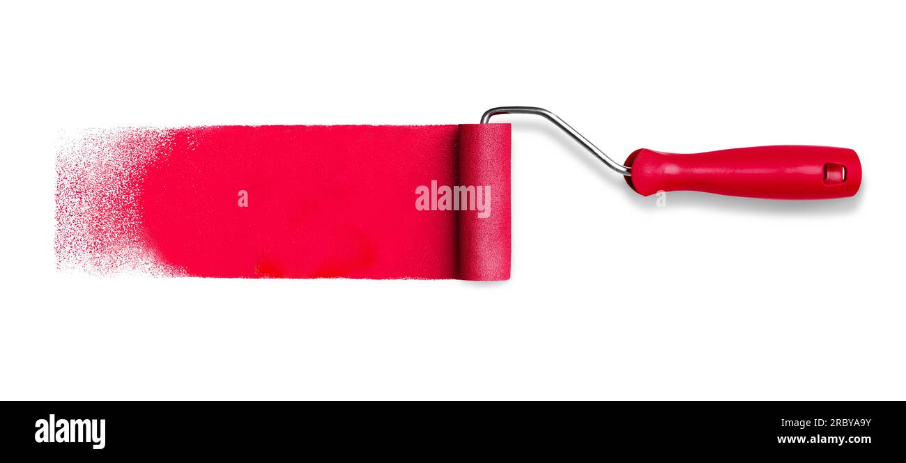 Roller paint tool with long red paint track stroke isolated on white ...