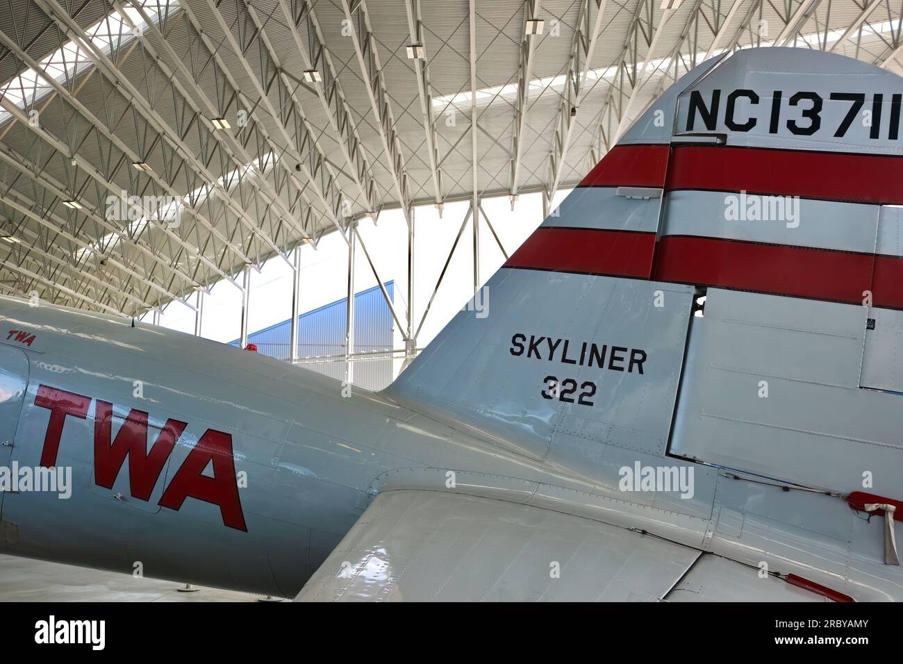 Tail of a Douglas DC-2 passenger aircraft given the TWA markings of the ...