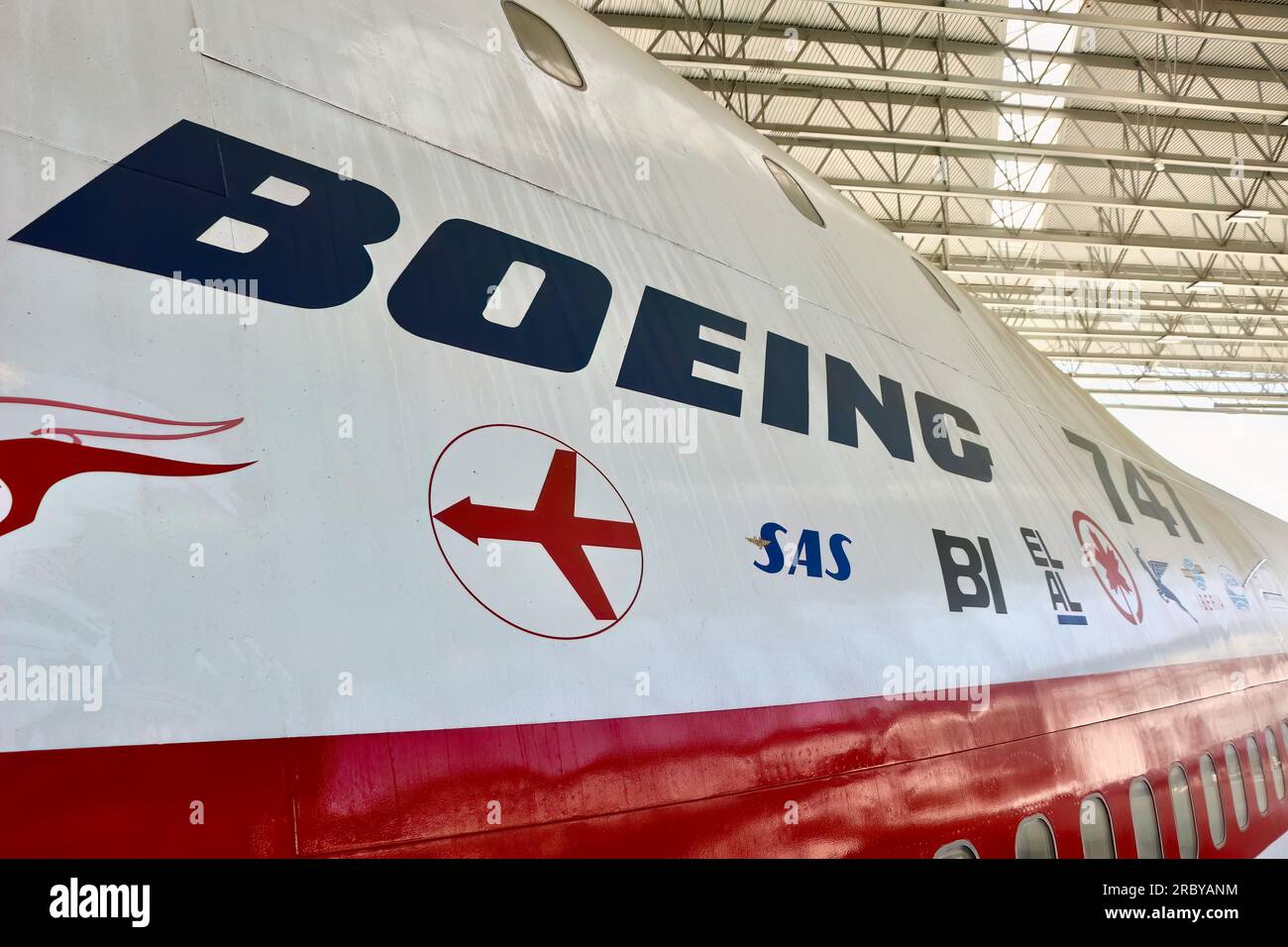 Graphics on the front of the fuselage of the First Jumbo jet RA001 ...