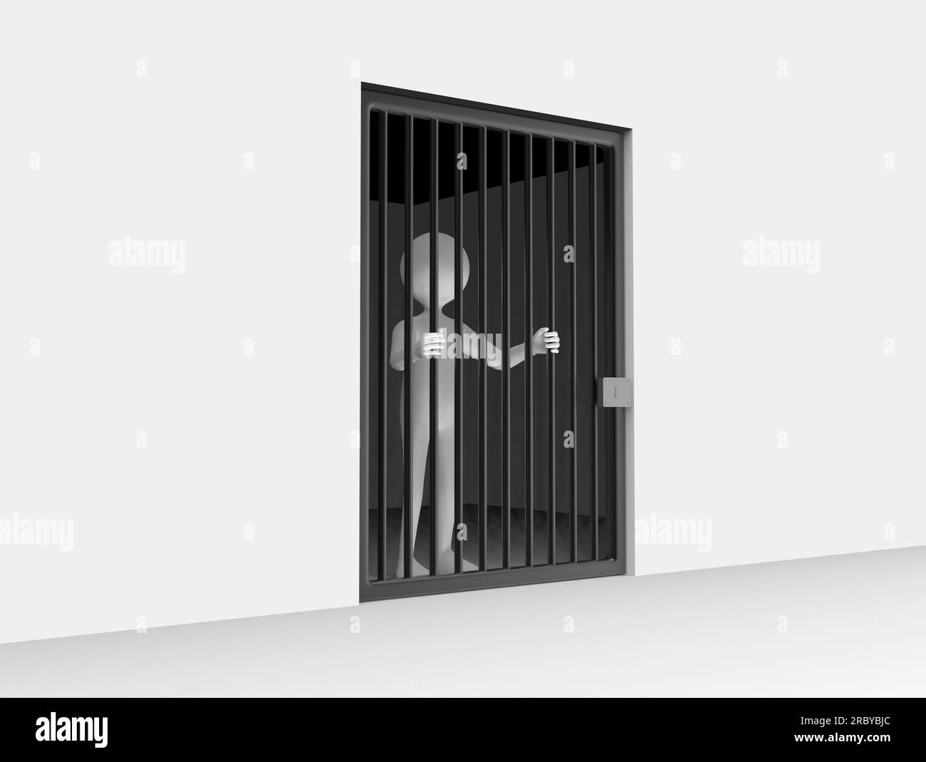 3D illustration of a cartoon man standing behind jail bars Stock Photo ...