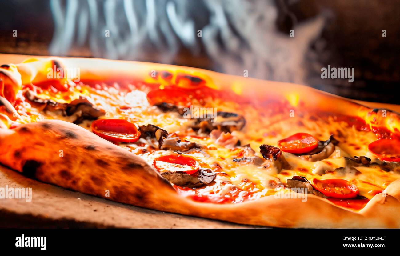 wide cover photo image of traditional wood fired oven pizza fresh baked brick inside pizzeria ...
