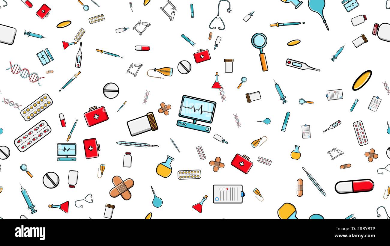 Seamless pattern texture of medicine items icons pricks pills pipettes ...