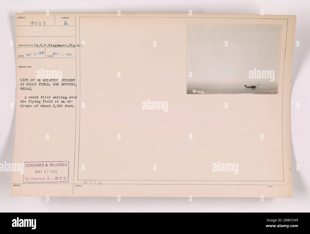 Aviation student at Kelly Field, San Antonio, Texas, flying over the ...