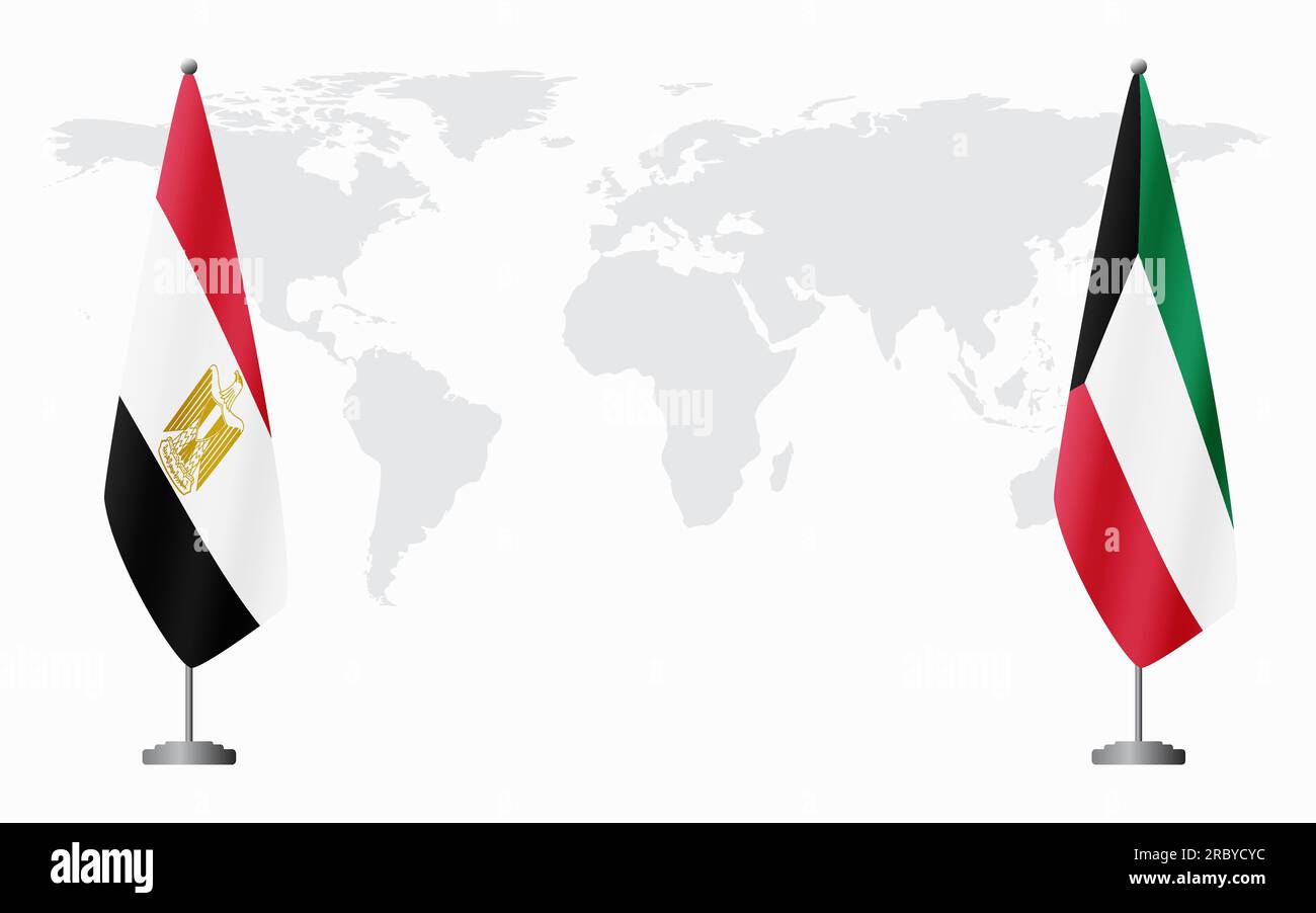 Egypt and Kuwait flags for official meeting against background of world ...