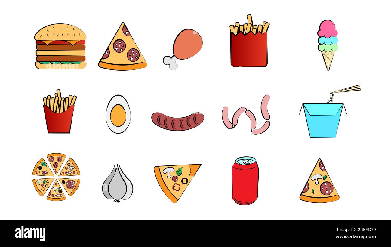Set of 15 icons of items of delicious food and snacks for a cafe bar ...