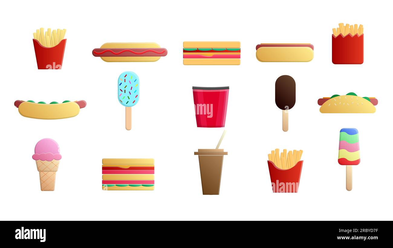 Set of 15 icons of items of delicious food and snacks for a cafe bar ...