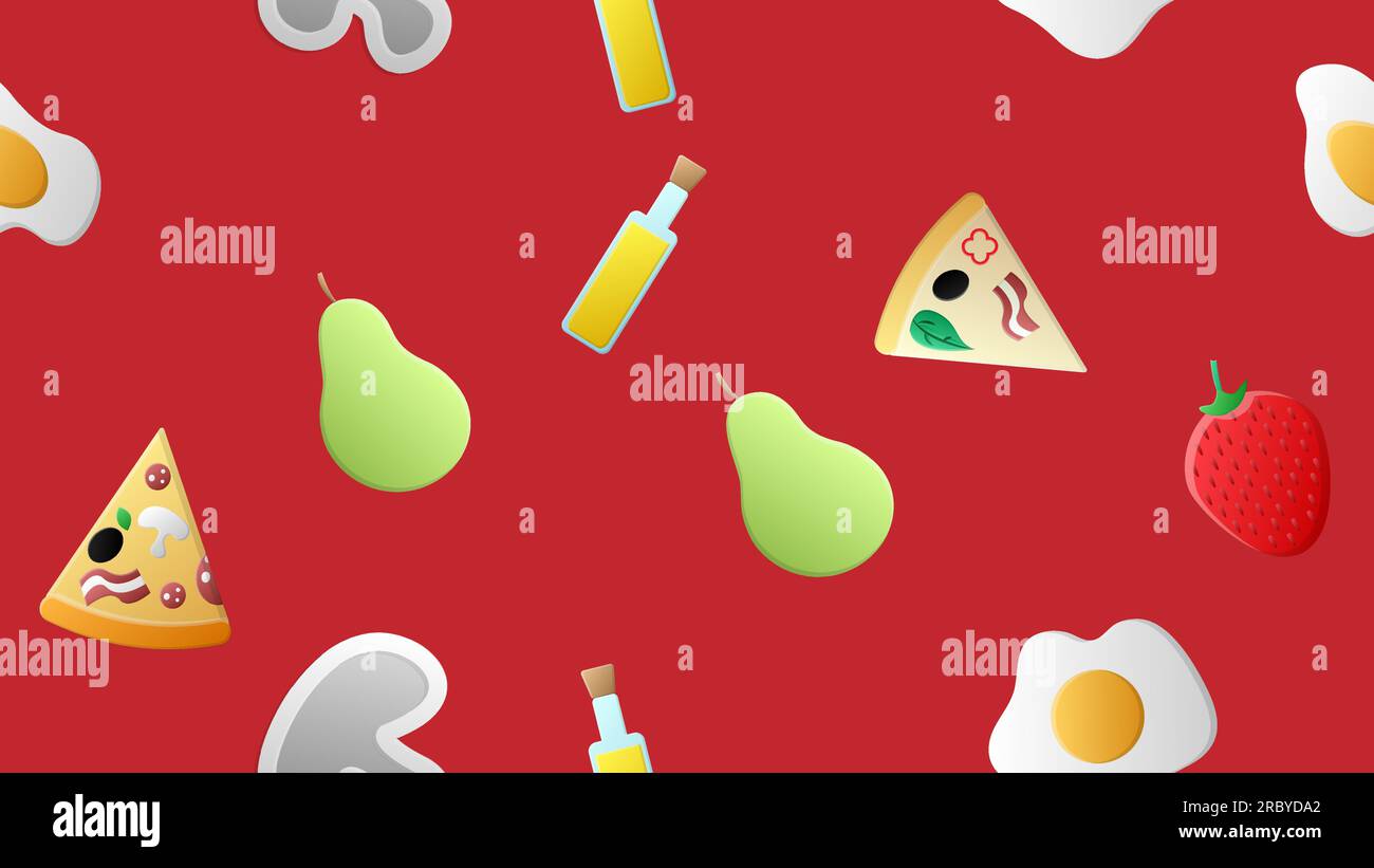 Endless red seamless pattern from a set of icons of delicious food and ...