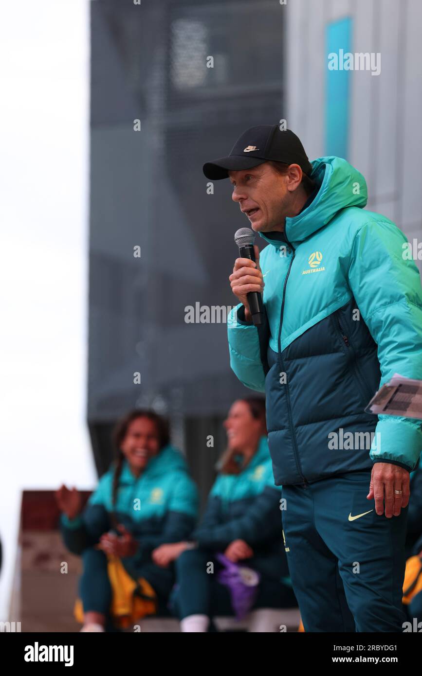 Melbourne, Australia. 11th July, 2023. The Australian Matildas coach ...