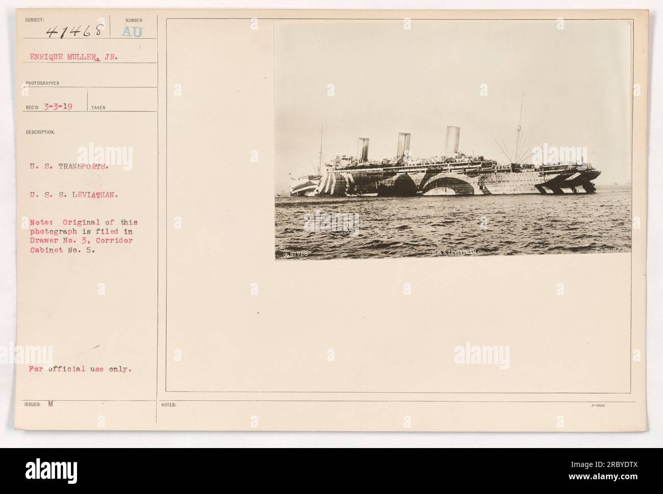 U.S. transport ship, U.S. 8. Leviathan, during World War One. Photo ...