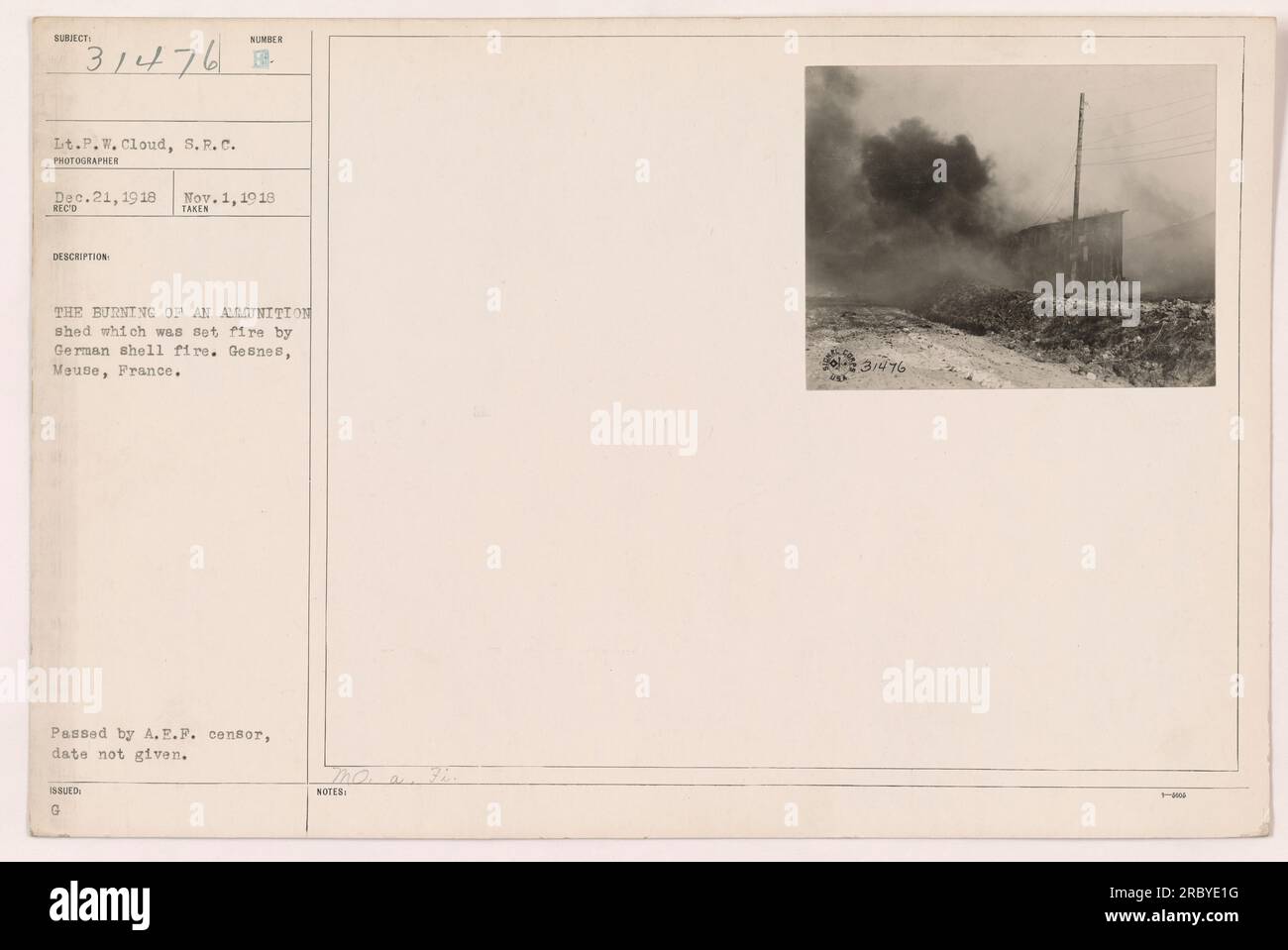 Image shows the burning of an ammunition shed in Gesnes, Meuse, France ...