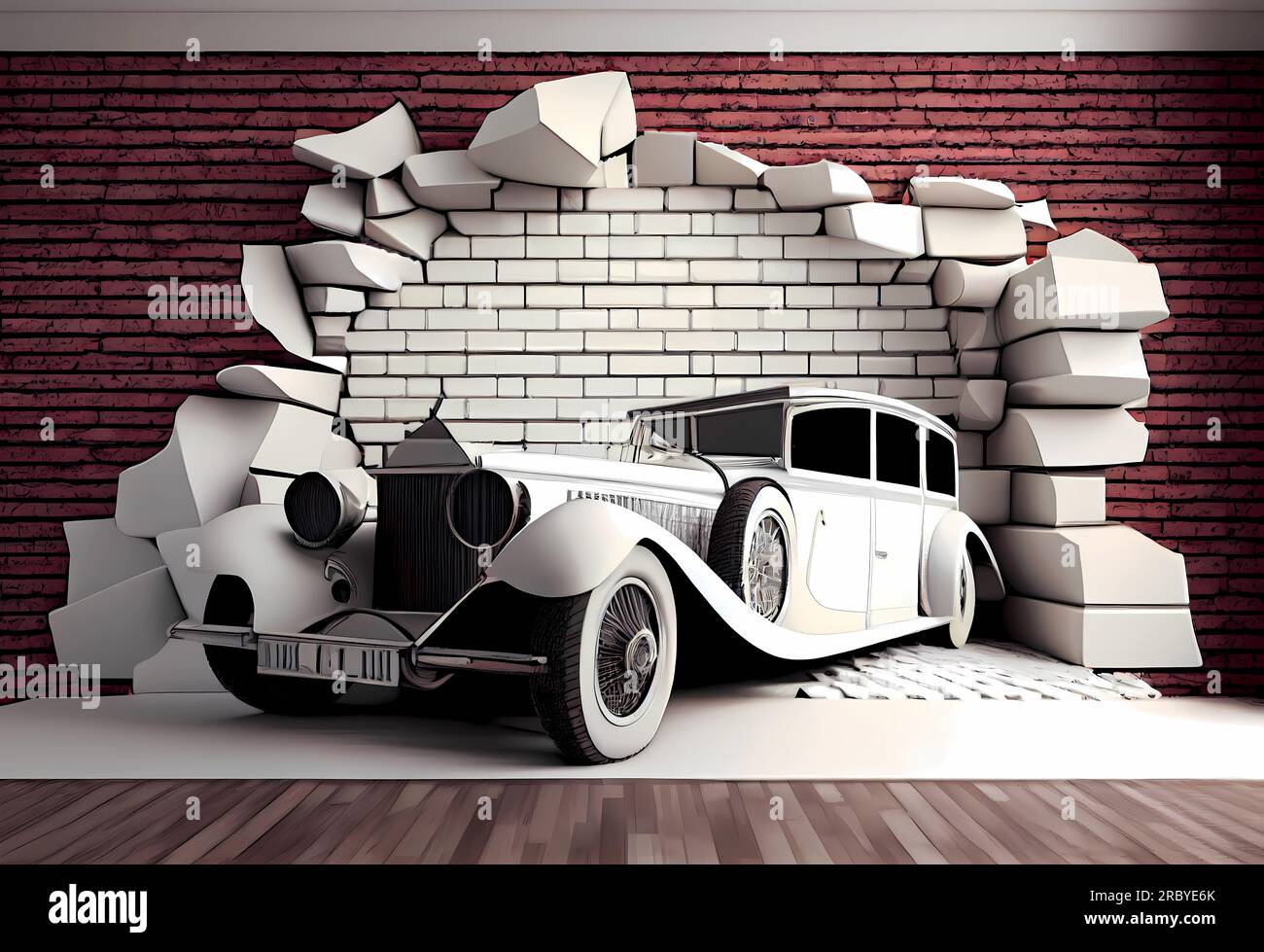 3d mural wallpaper broken wall bricks and a classic red car. Painted ...