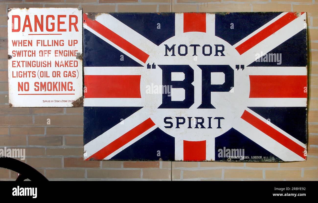 A pair of vintage enamel BP Motor Spirit signs Stock Photo - Alamy
