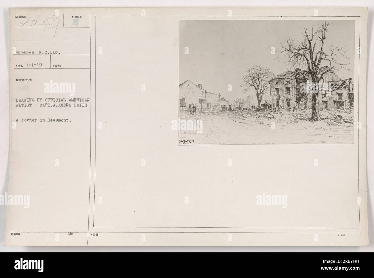 This photograph shows a drawing by official American artist Captain J ...