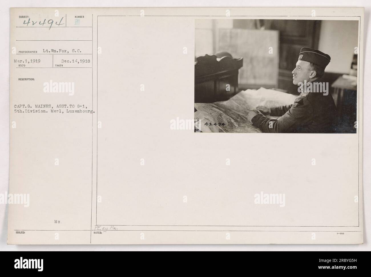 Captain G. Maines, Assistant to G-1 of the 5th Division, pictured in ...