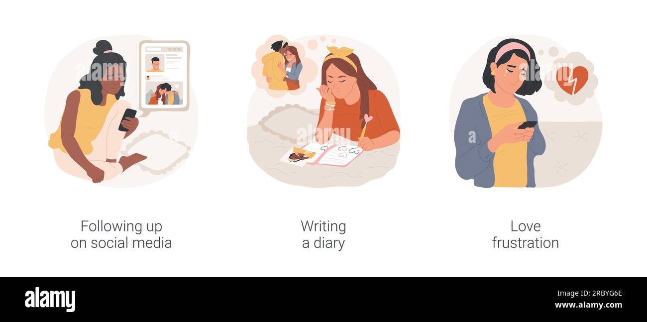 Unrequited love isolated cartoon vector illustration set. Teenage girl ...