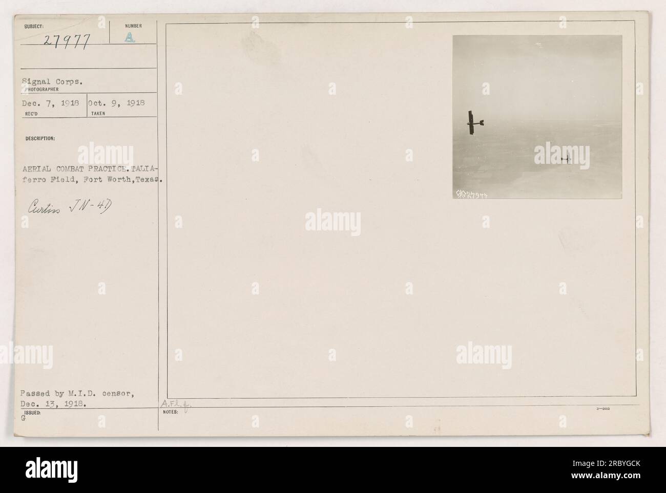 Curtiss JN-4D aircraft during aerial combat practice at Taliaferro ...