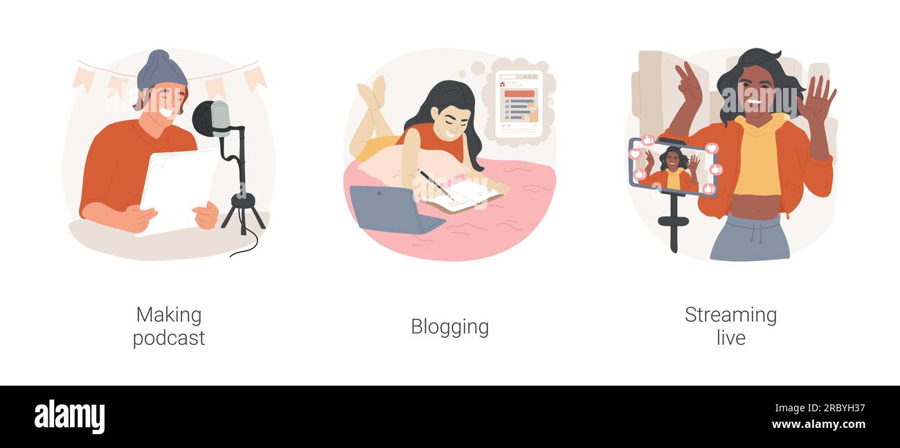 Running a blog isolated cartoon vector illustration set. Teenager ...