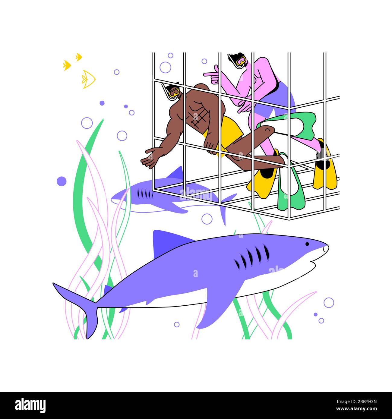 Diving With Sharks Isolated Cartoon Vector Illustrations Friends In A Cage Diving With Sharks
