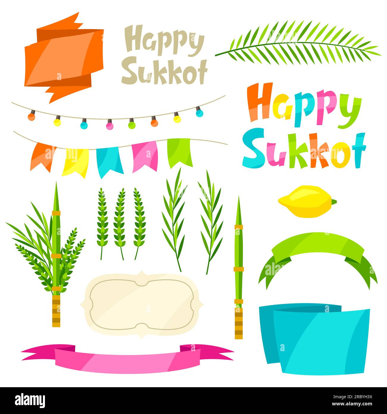Happy Sukkot symbols. Four species etrog, lulav, willow and myrtle ...