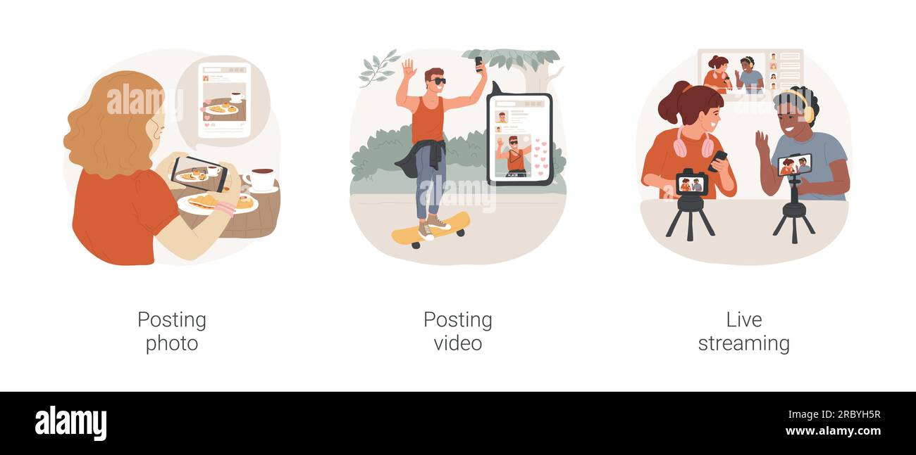 Social media interaction isolated cartoon vector illustration set. Teen ...