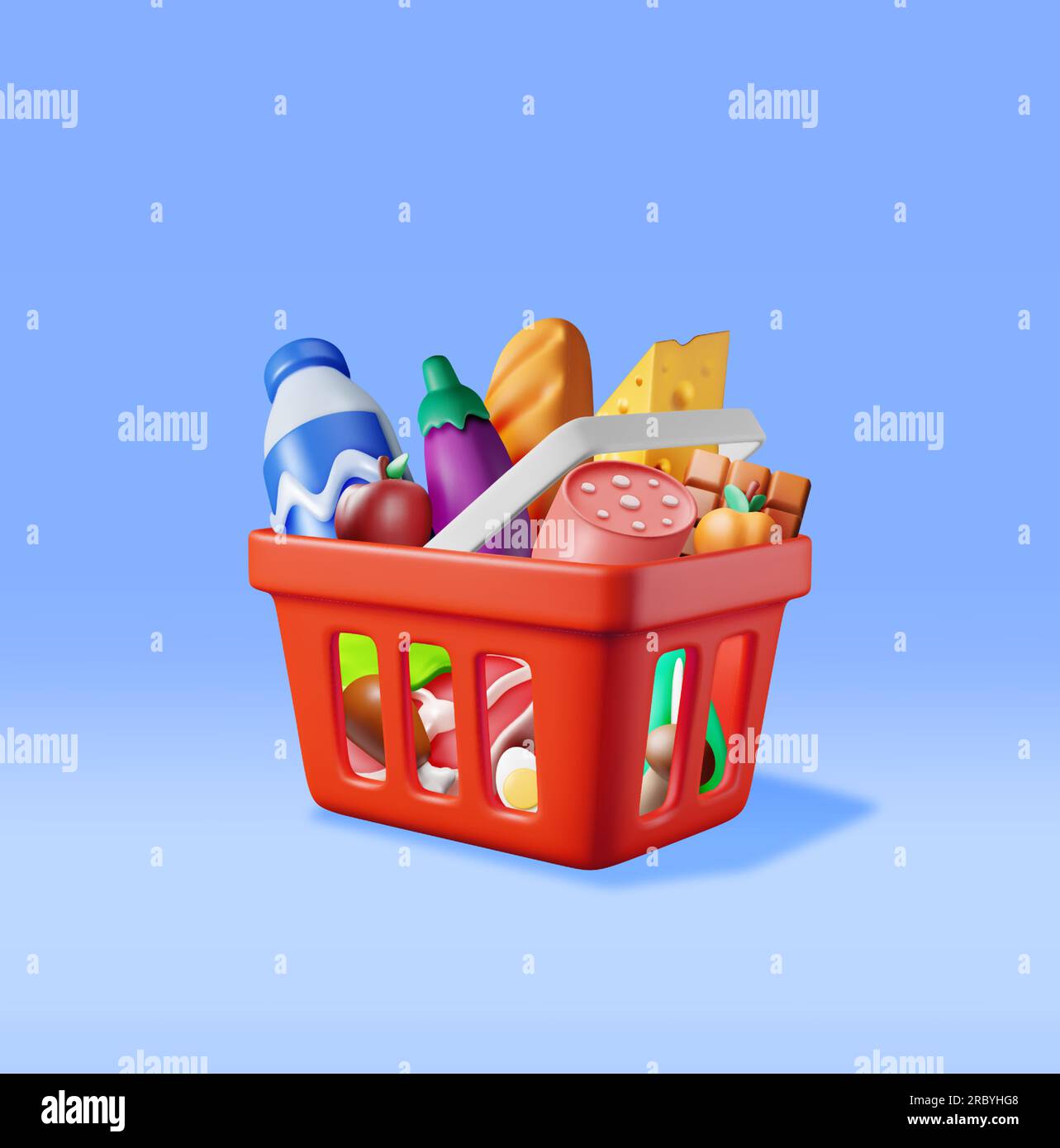 3d shopping plastic basket with fresh products render grocery store hi ...