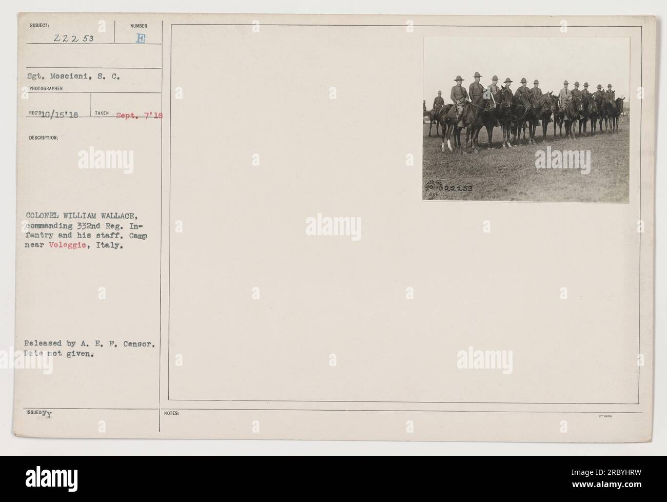 Col. William Wallace, commanding the 332nd Infantry Regiment, and his ...