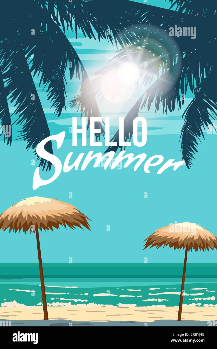 Hello Summer Retro Poster. Tropical resort coast beach, beach straw ...