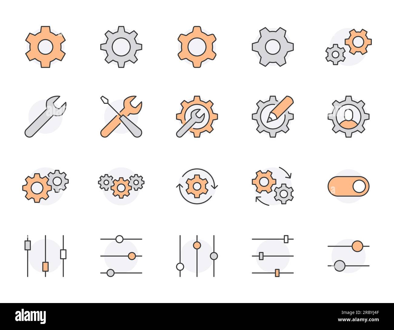 Settings flat line icons set. Cogwheell, mechanical wrench, spanner, professional, maintenance ...