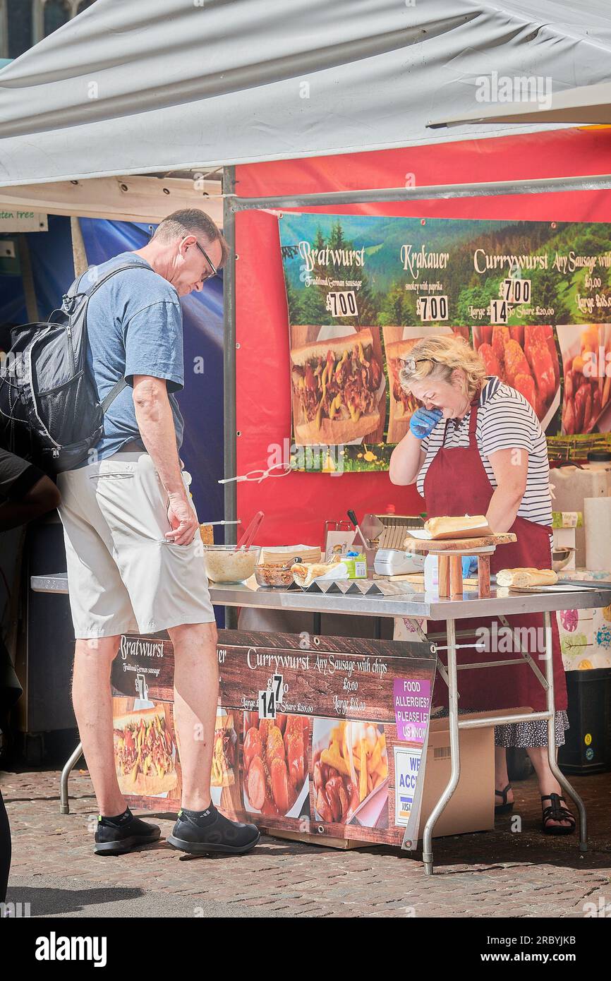 German bratwurst sausage oudoors street food stall in the market place ...