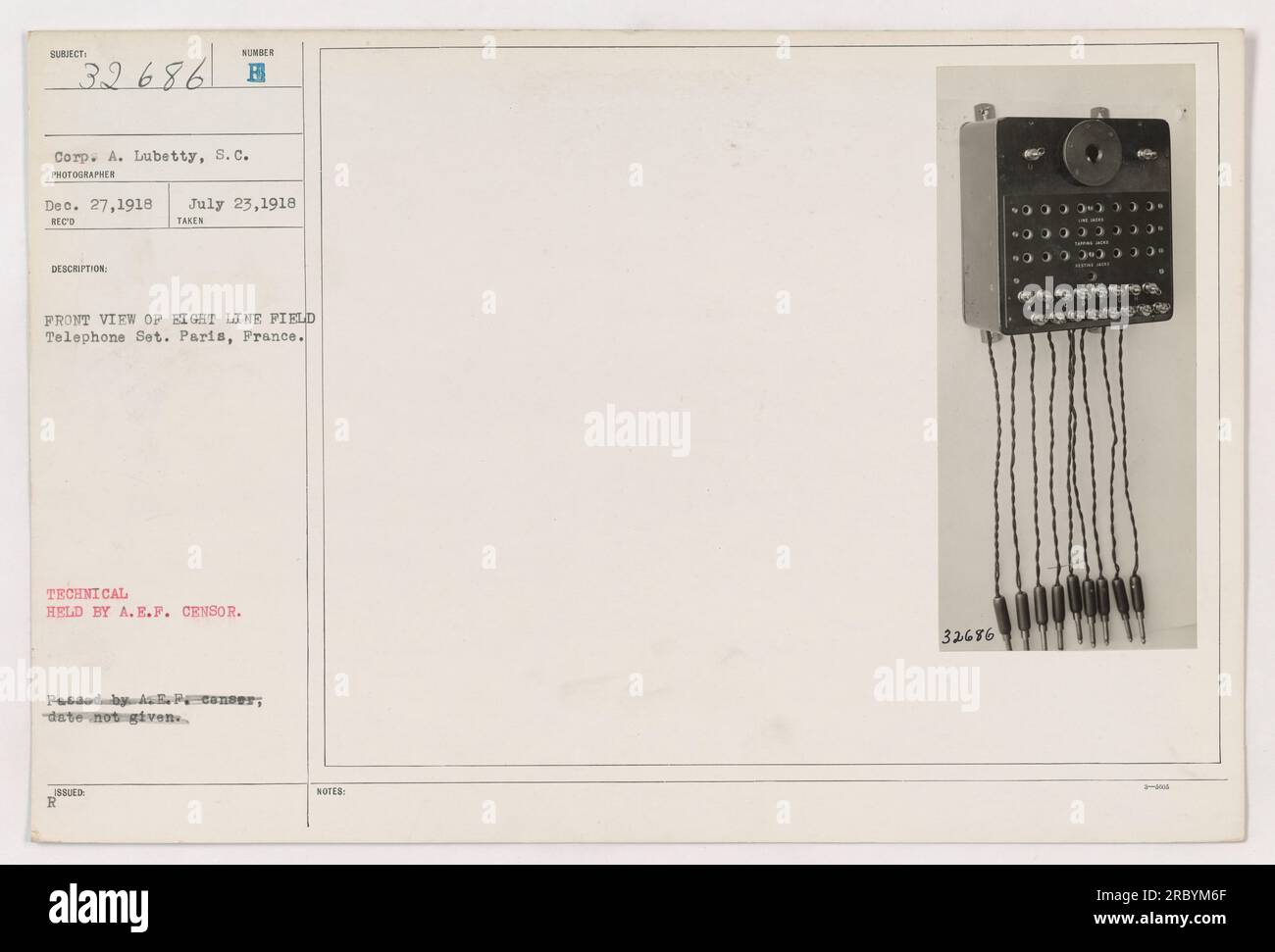 Front view of an eight-line field telephone set in Paris, France. The ...