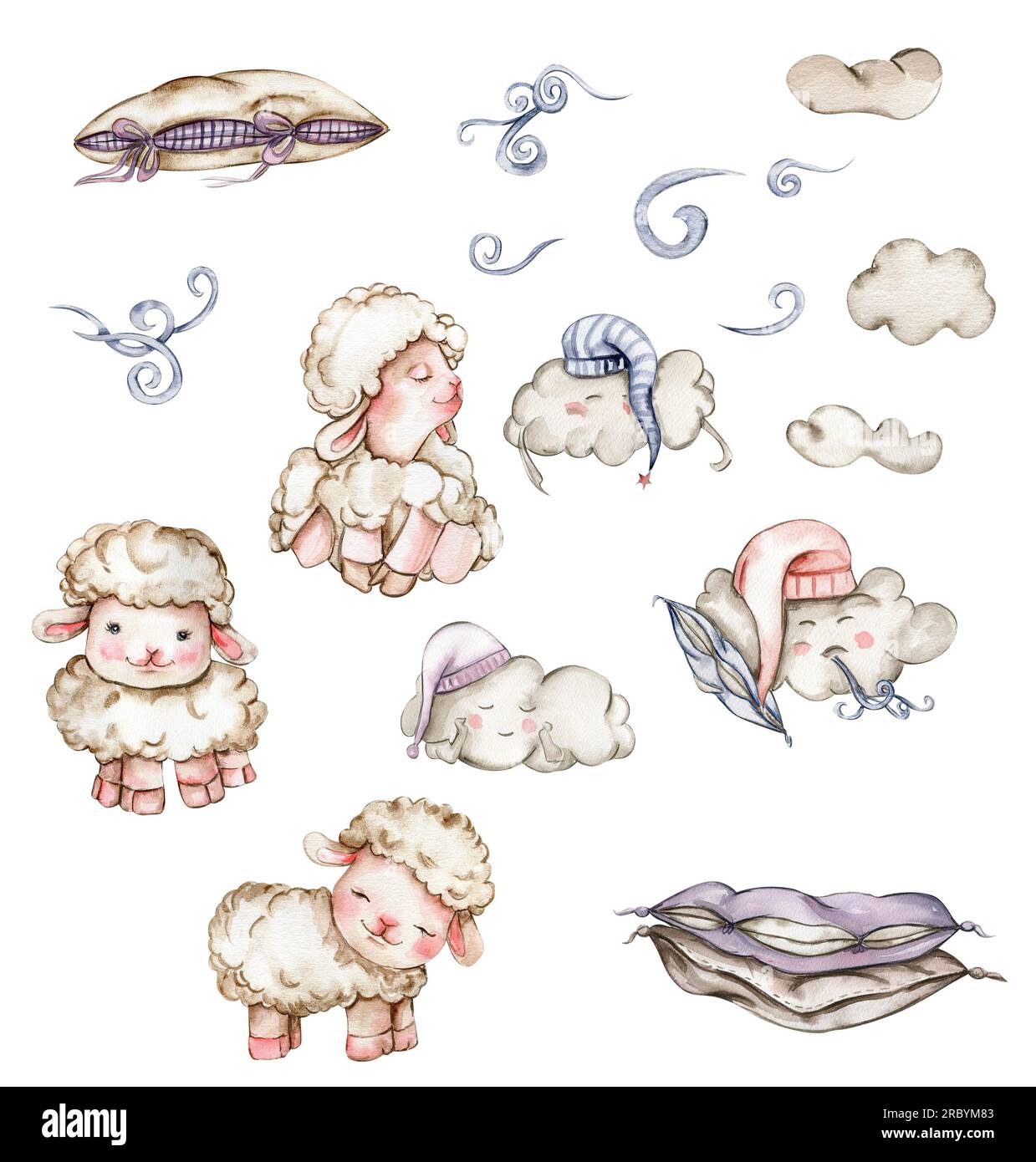 Watercolor hand drawn fluffy sheep, clouds and pillows. Illustration of ...