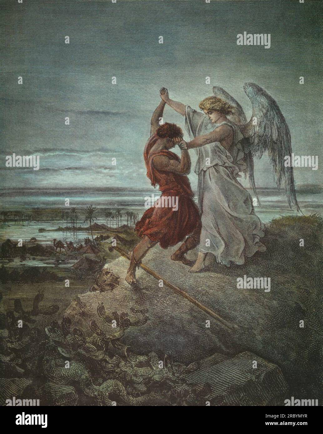 The wrestle of Jacob 1855 by Gustave Dore Stock Photo - Alamy