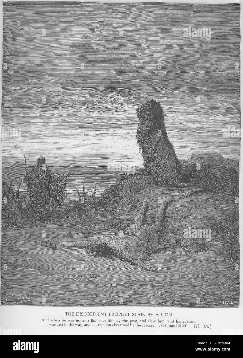 The Disobedient Prophet Is Slain by a Lion by Gustave Dore Stock Photo ...