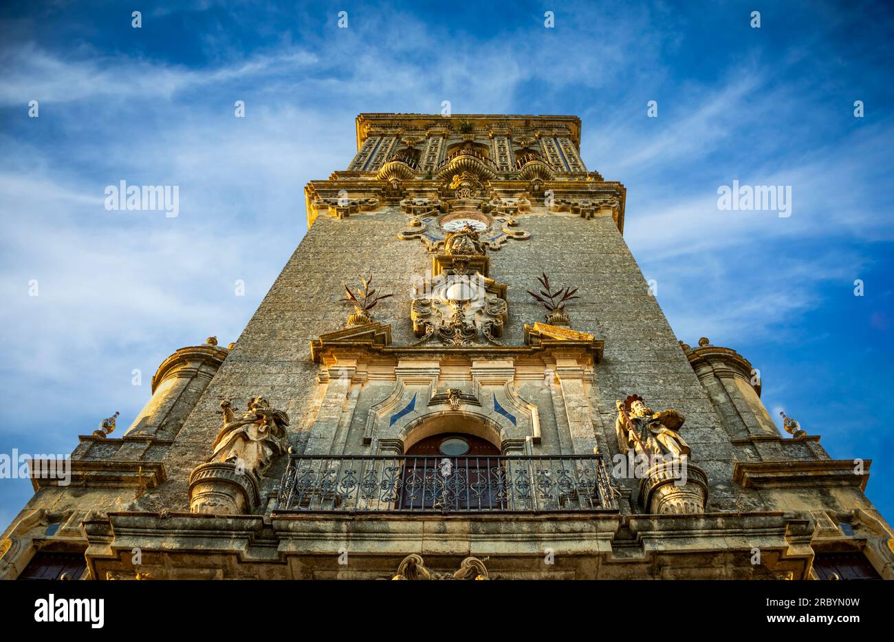 View from below of the high tower Basilica Menor de Santa Mara de la ...
