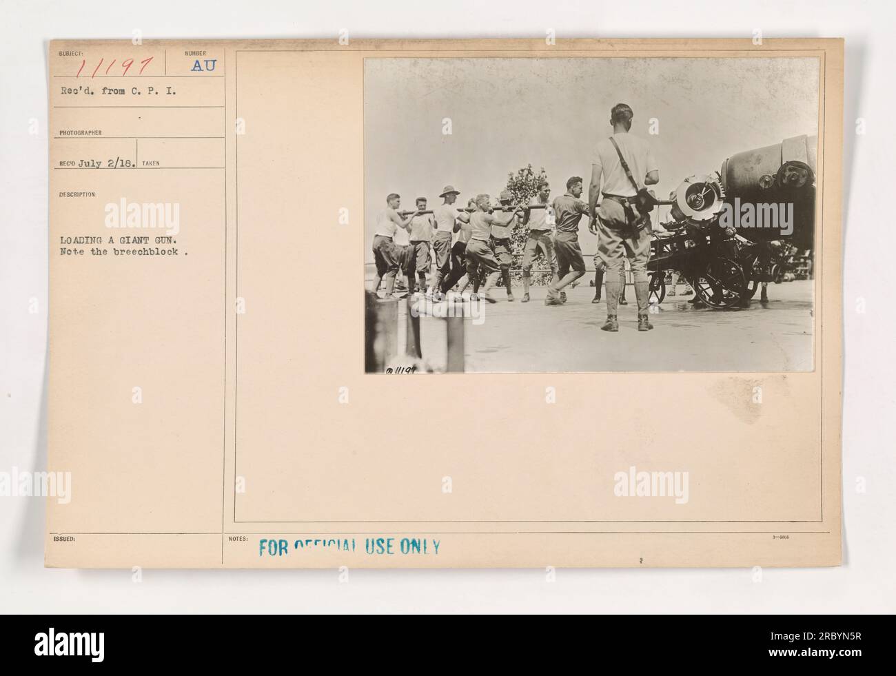 Soldiers loading a large gun during World War I. The photograph ...