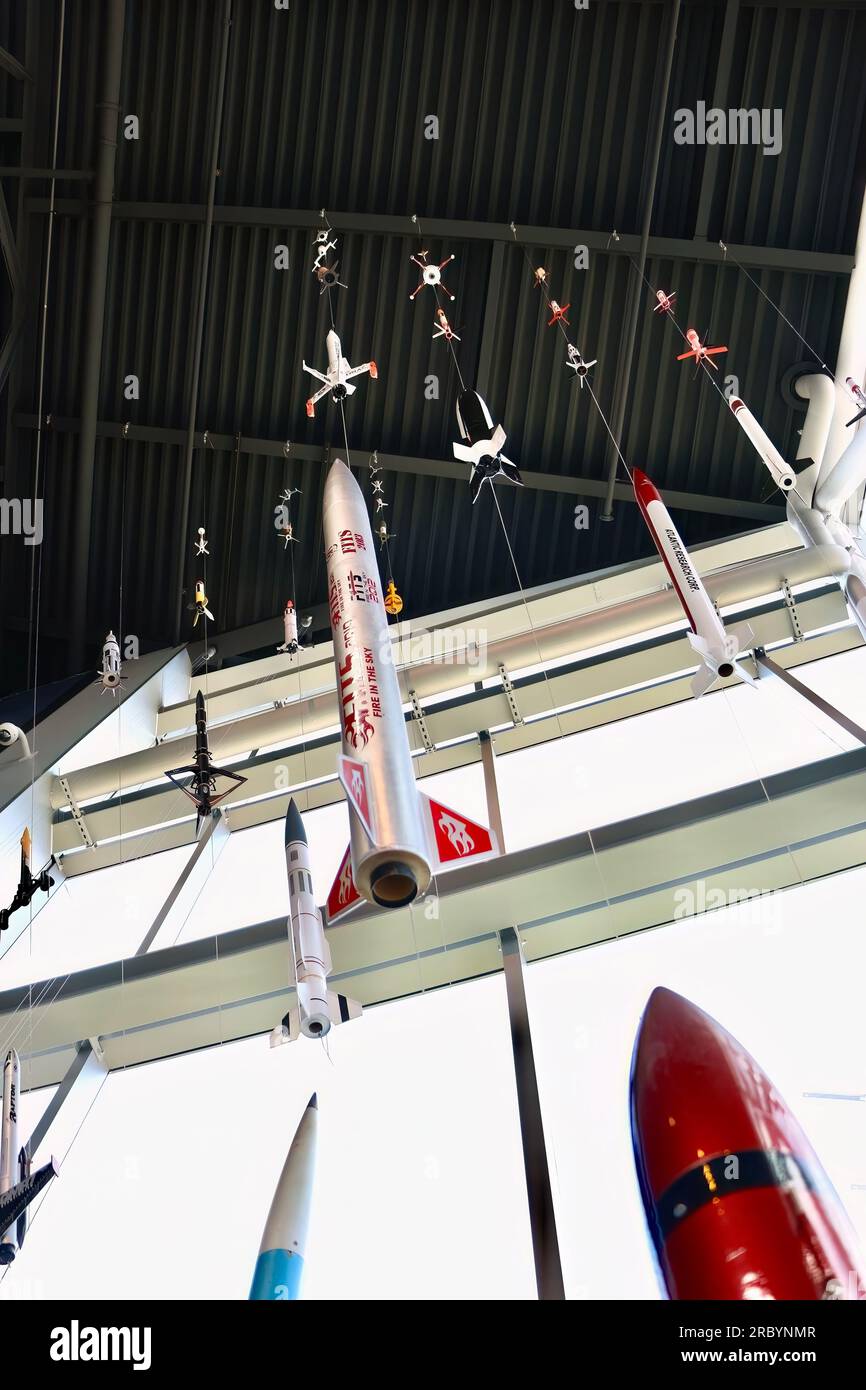 Inspiring Rockets model rocket display looking up towards a high ...