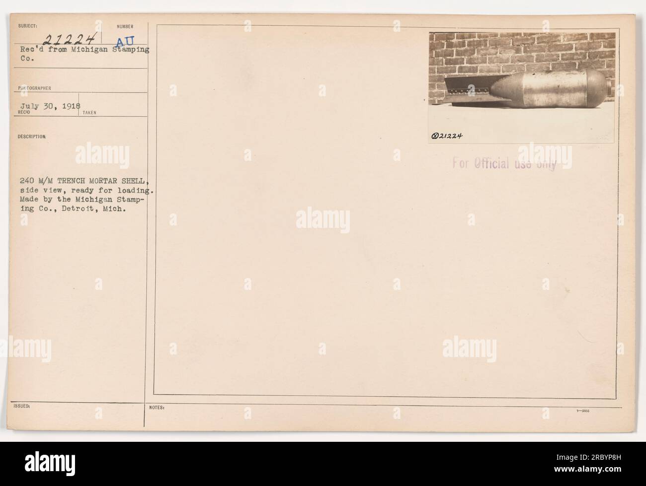 A 240mm trench mortar shell manufactured by Michigan Stamping Co. in ...
