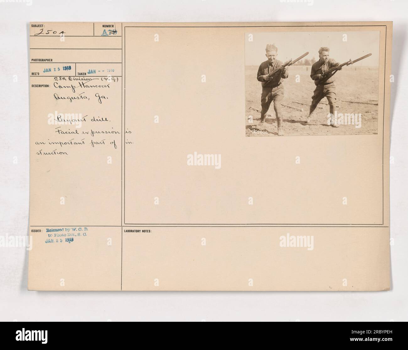 Soldiers during World War One engaging in bayonet drill at Camp Hancock, Augusta, GA. The ...