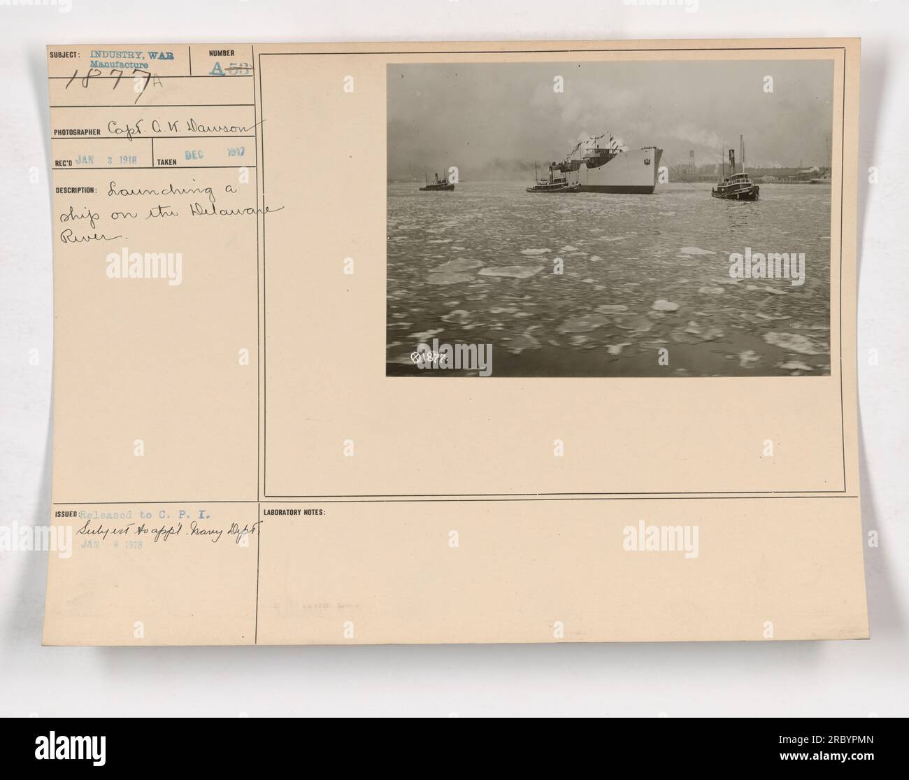 The image shows the launching of a ship on the Delaware River during ...