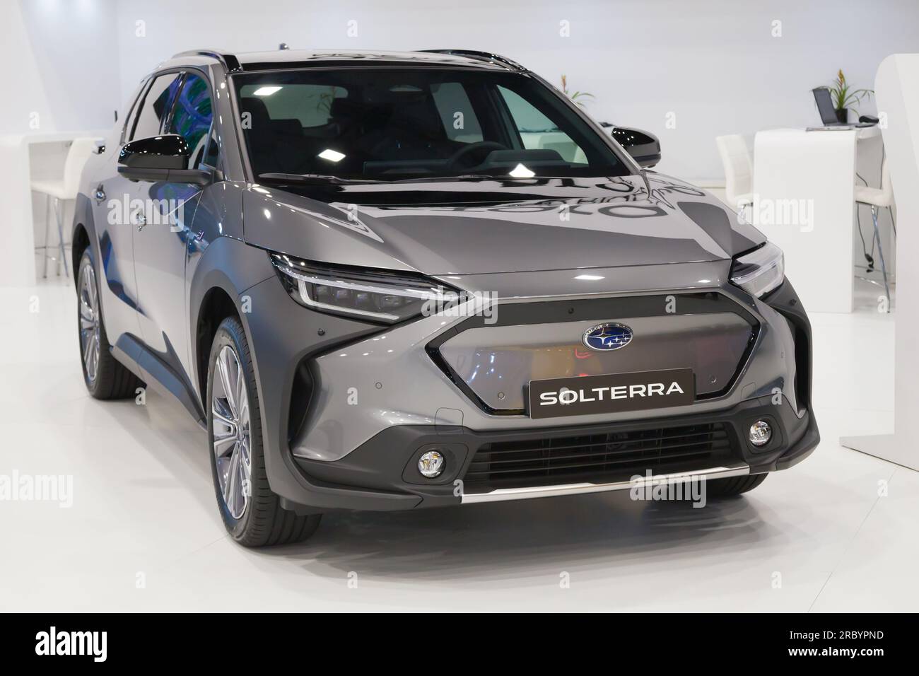 Barcelona, Spain - May 14, 2023: Subaru Solterra on display at ...