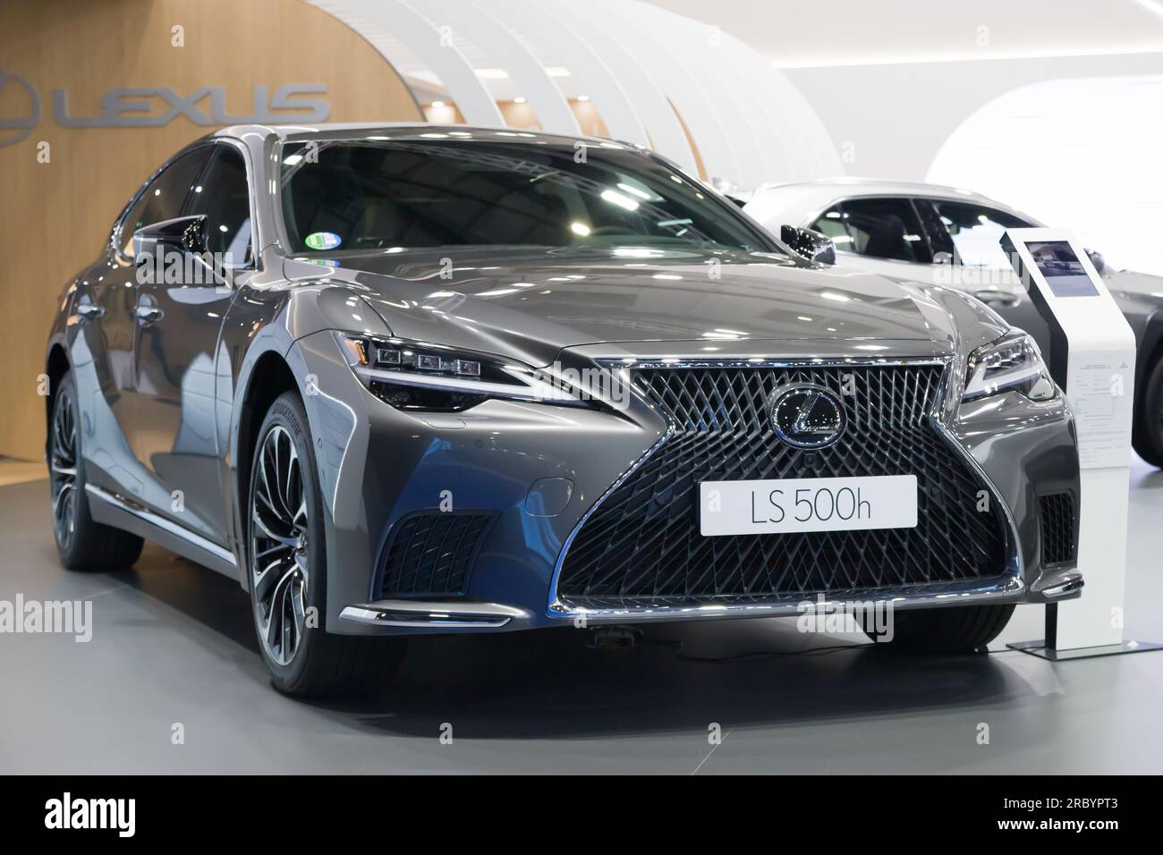 Barcelona, Spain - May 14, 2023: Lexus LS 500h on display at Automobile Barcelona 2023 in ...