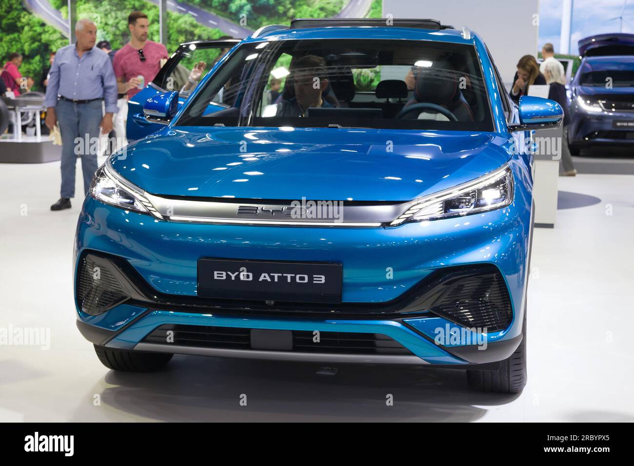 Barcelona, Spain - May 14, 2023: BYD Atto3 on display at Automobile Barcelona 2023 in Barcelona ...