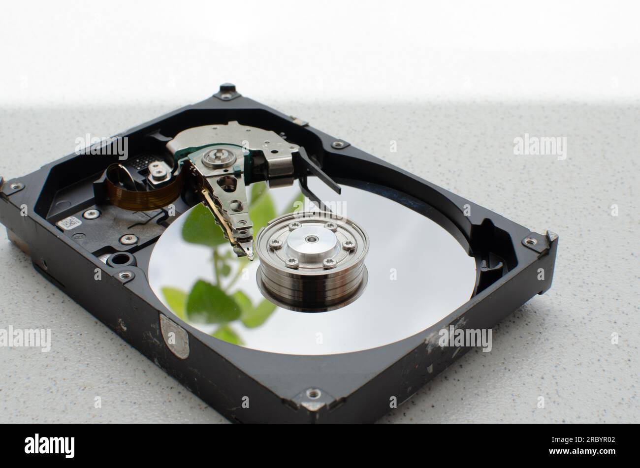 Internal components of an HDD in close-up, highlighting the precision ...