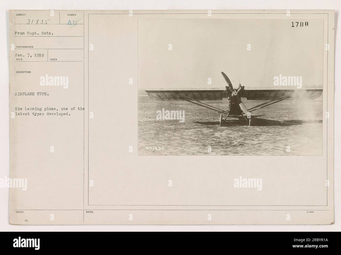 This photograph shows the Leoning airplane, which was one of the latest ...